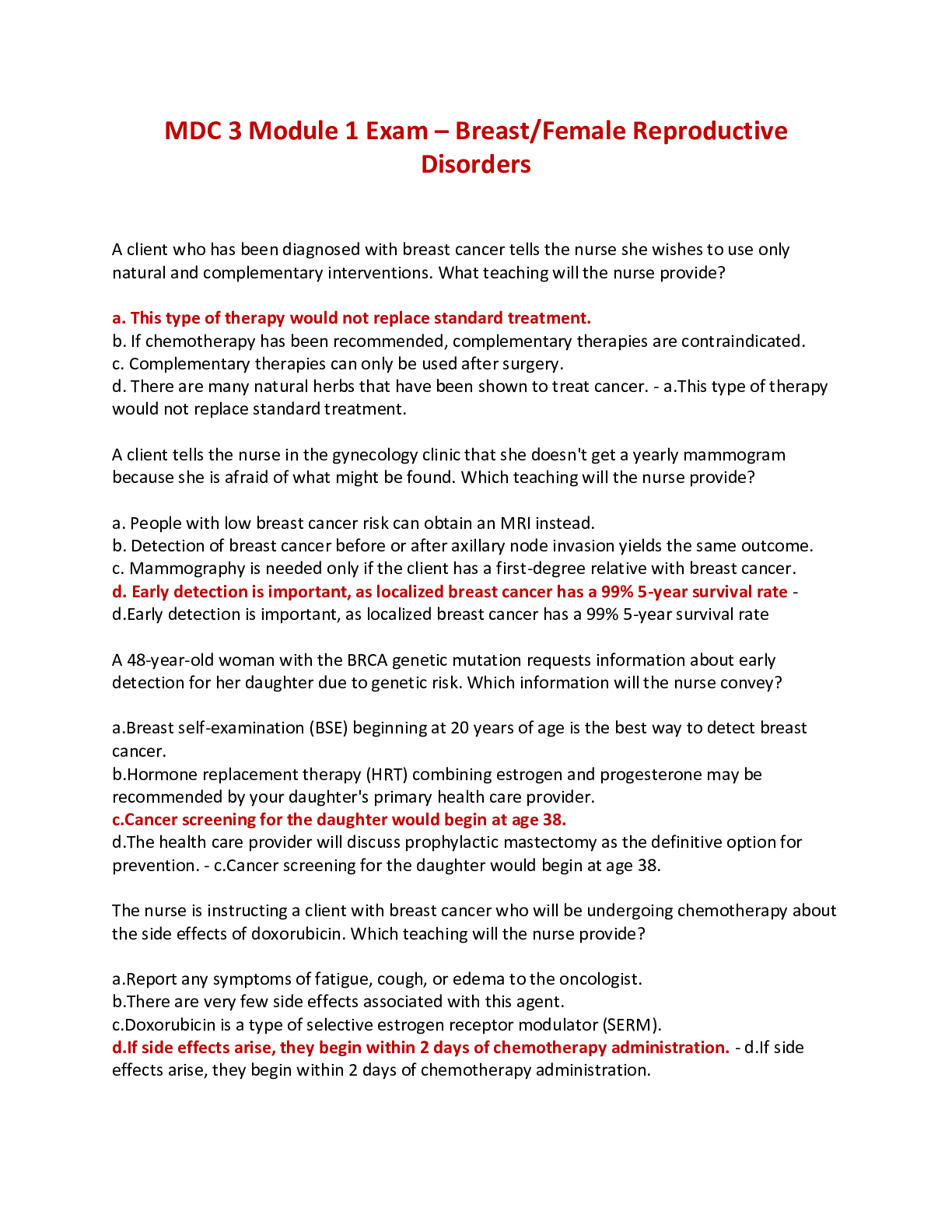 MDC 3 Module 1 Exam – Breast/Female Reproductive Disorders - Scholarfriends